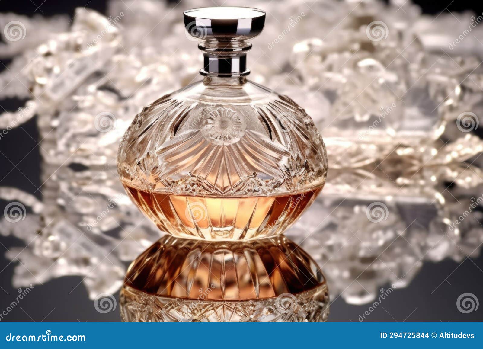 Top View of a Perfume Bottle on Mirrored Surface Stock Photo - Image of ...