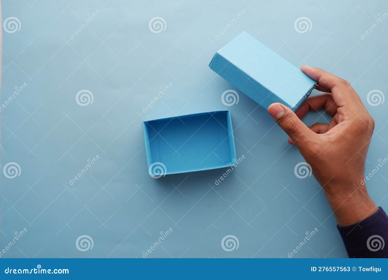 Top View of Person Open a Empty Blue Color Small Gift Box Stock Image ...