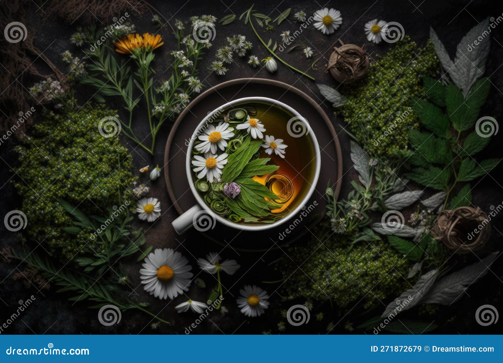 A Top View Perspective of Herbal Tea with a Background of Herbs and ...