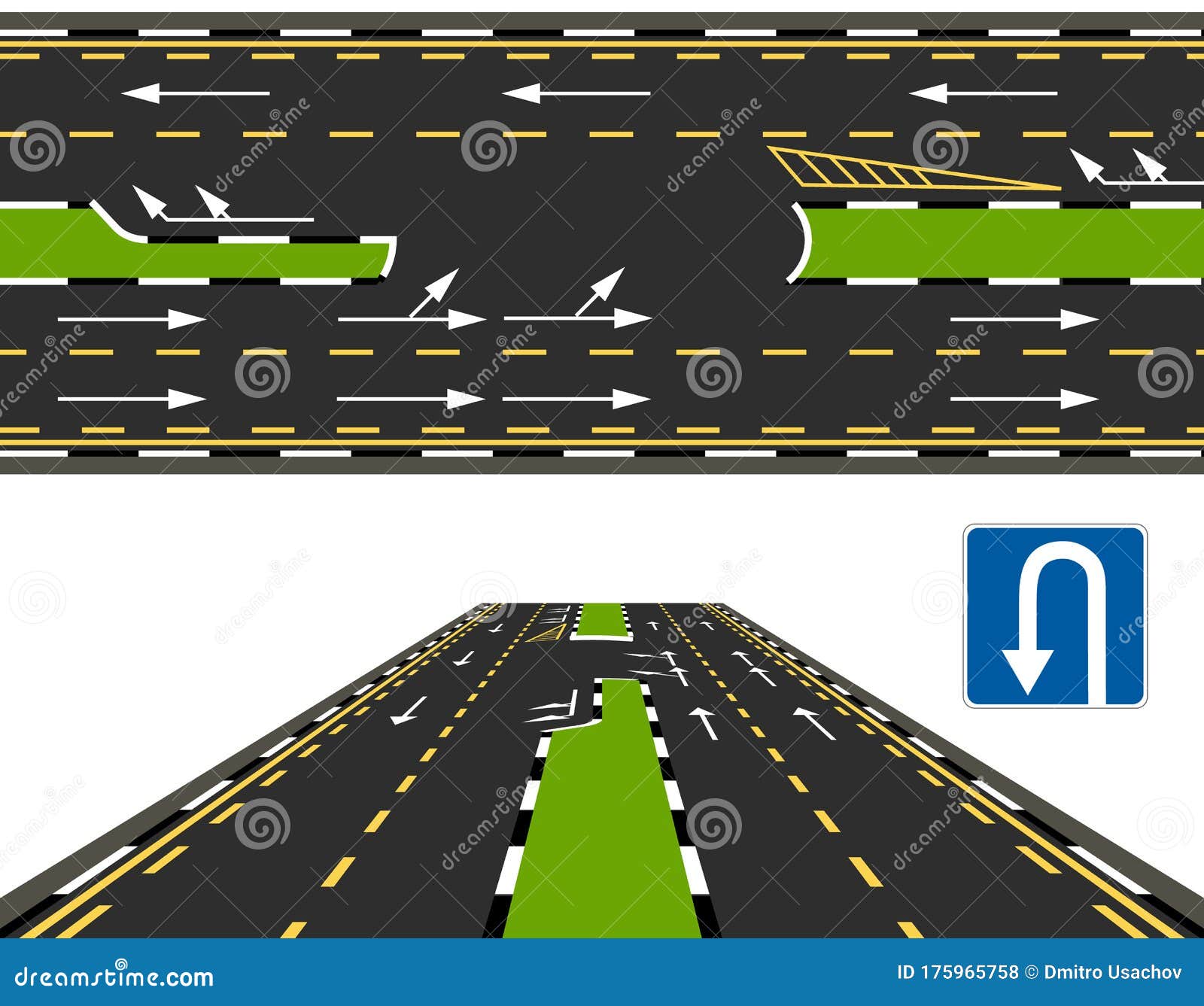Top View and Perspective View of a Highway, a U-turn Road. Road Marking ...