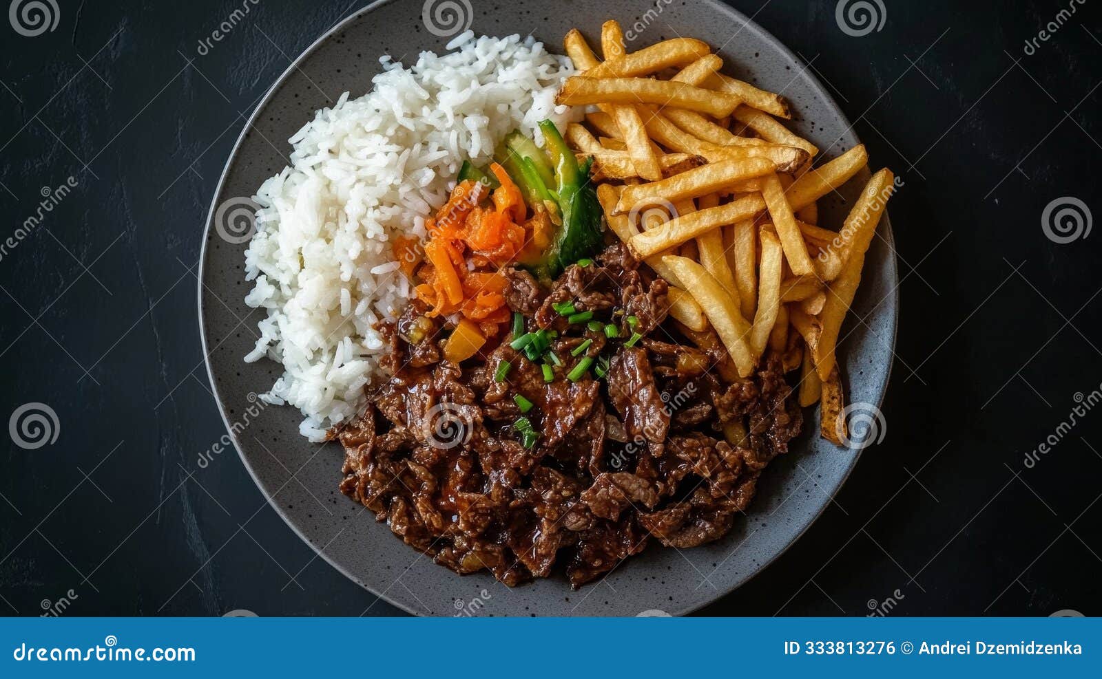 Top View of Peruvian Beef Dish Lomo Saltado with Vegetables and Rice ...