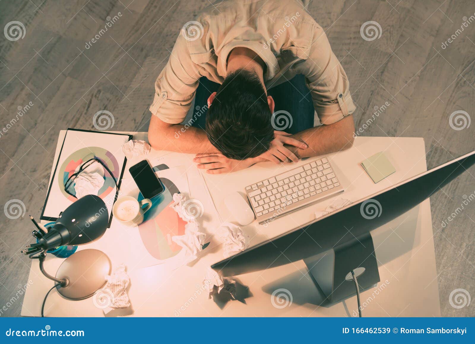 Top View Photo of Overworked Businessman Sleeping on Work Stock Image ...