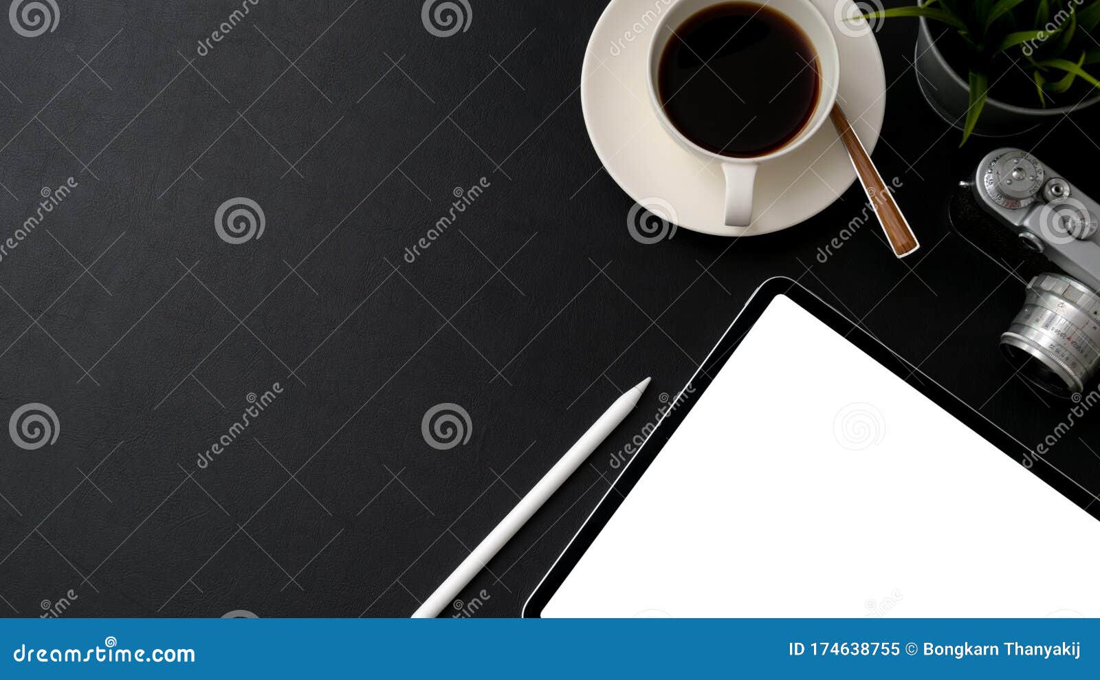 Top View of Photographer Workspace with Blank Screen Tablet, Camera ... Top View of Photographer Workspace with Blank Screen Tablet, Camera ...