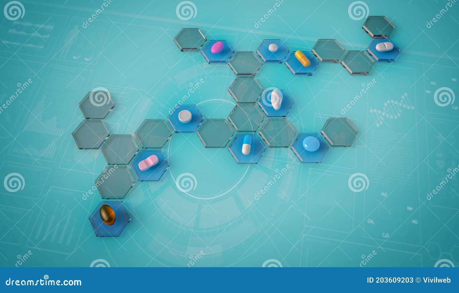 Top View of Pills and Tablets on Hexagonal Structure in Blue Background ...