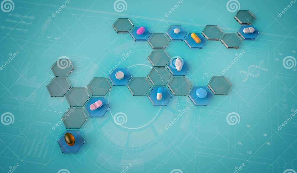 Top View of Pills and Tablets on Hexagonal Structure in Blue Background ...