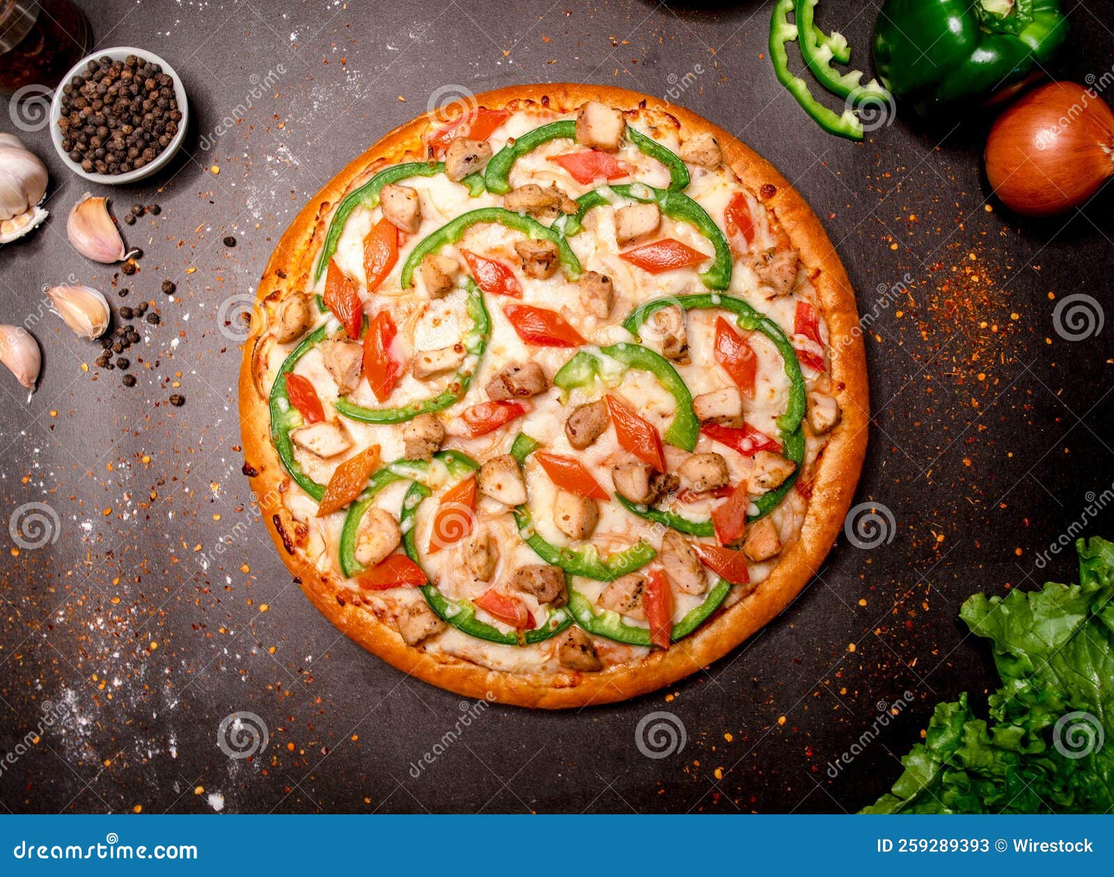 Top View of a Pizza with Chicken Breast and Peppers Stock Image - Image ...