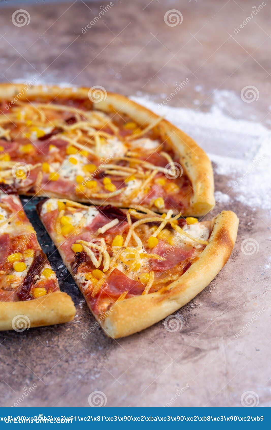 Top View Pizza with Corn and Ham. a Slice of Pizza on the Background ...