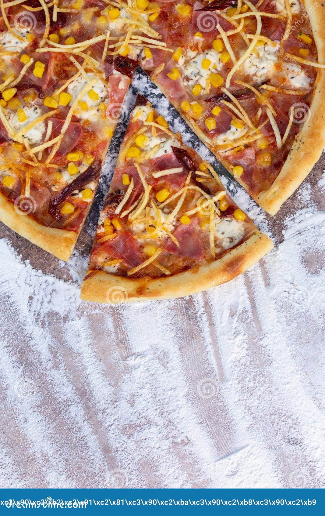 Top View Pizza with Ham and Corn on the Background of Flour. Stock ...