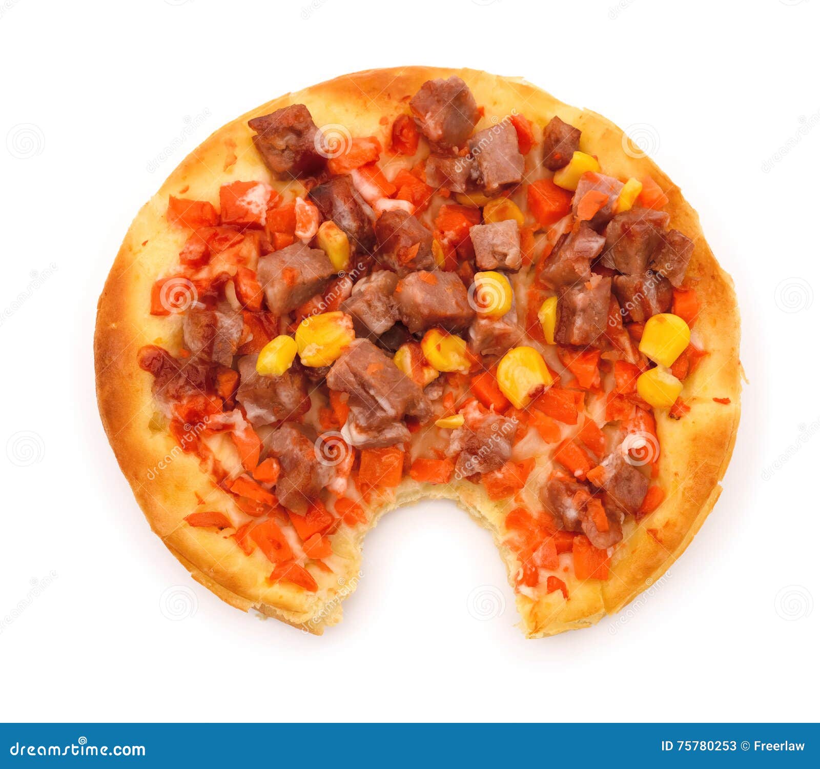 Top View Pizza with Meat Maize and Carrot with a Bite on White Stock ...