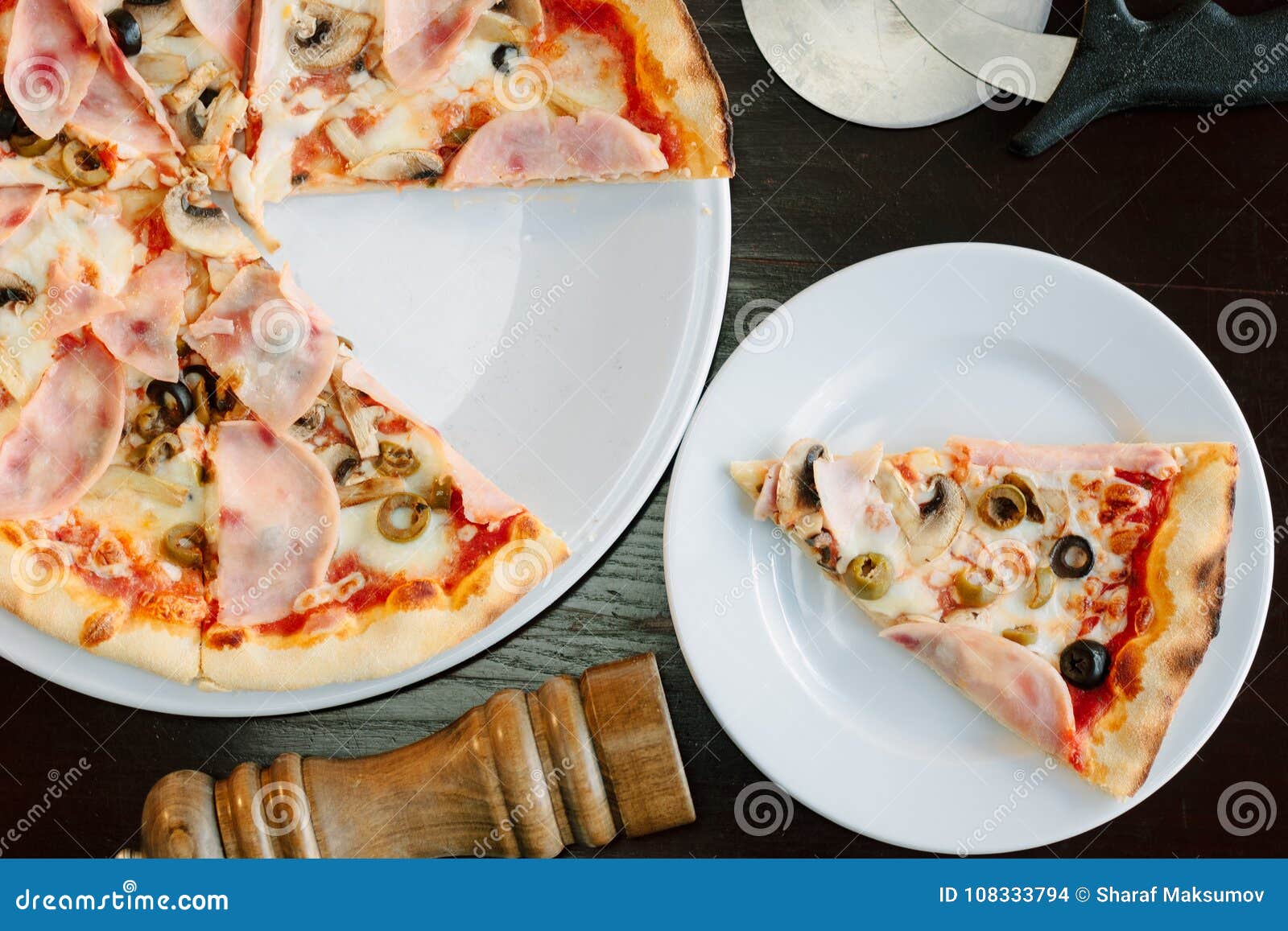 Top View of Pizza Slice on White Plate Over Table. Stock Photo - Image ...