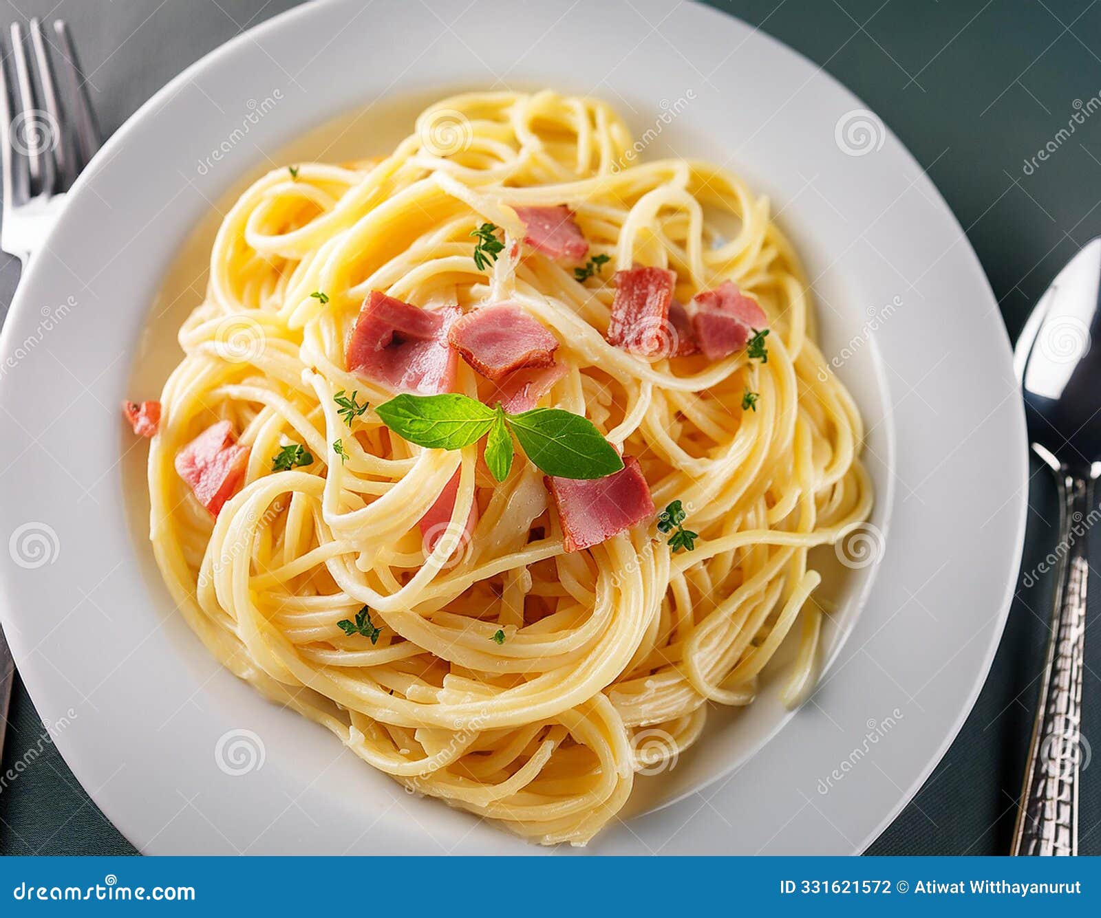 Top View Plate of Spaghetti Ham with Cabonara Cream Source with Fork ...