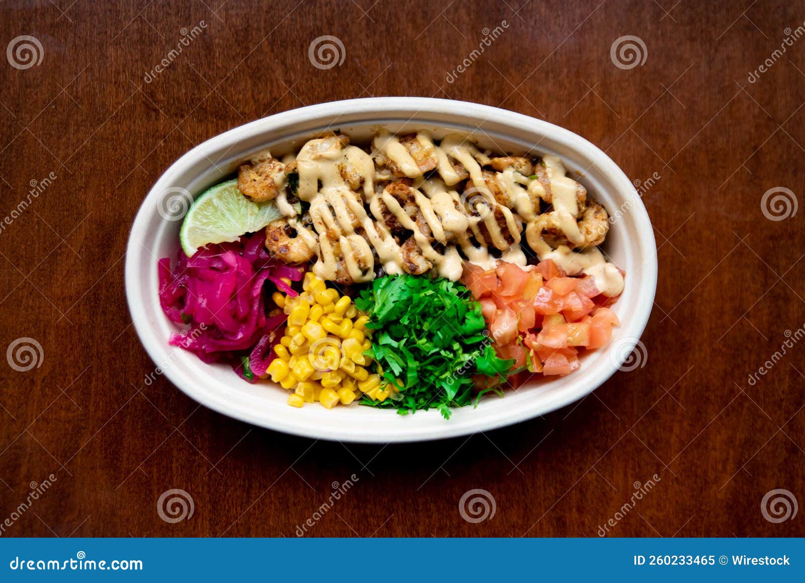 Top View of a Poke Dish on a Wooden Surface Stock Image - Image of poke ...
