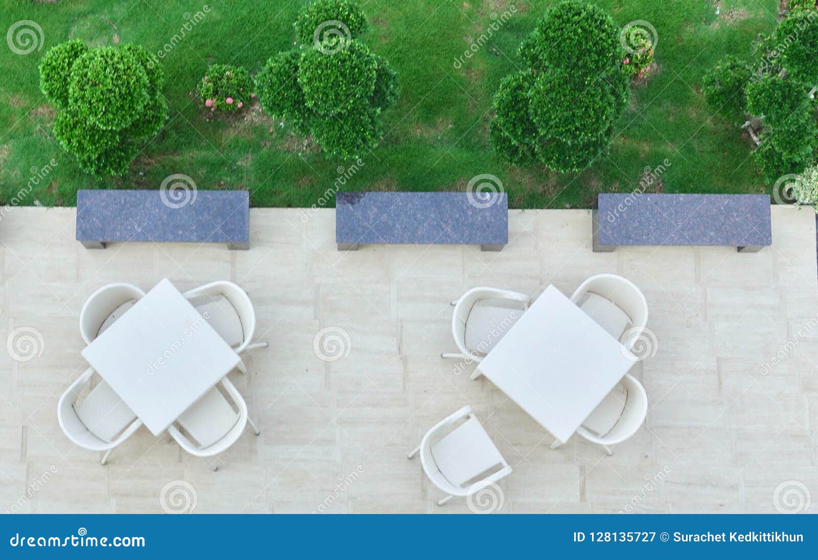 Top View of a Pool Chair Set and Beach Chair with Tile Floor. Stock ...