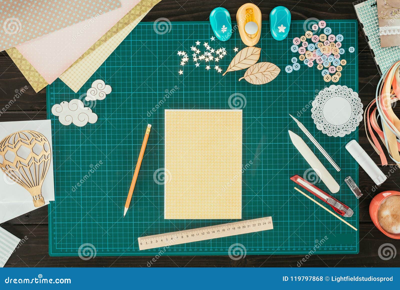 Top View of Postcard Template on a Table with Decoration Stock Photo ...