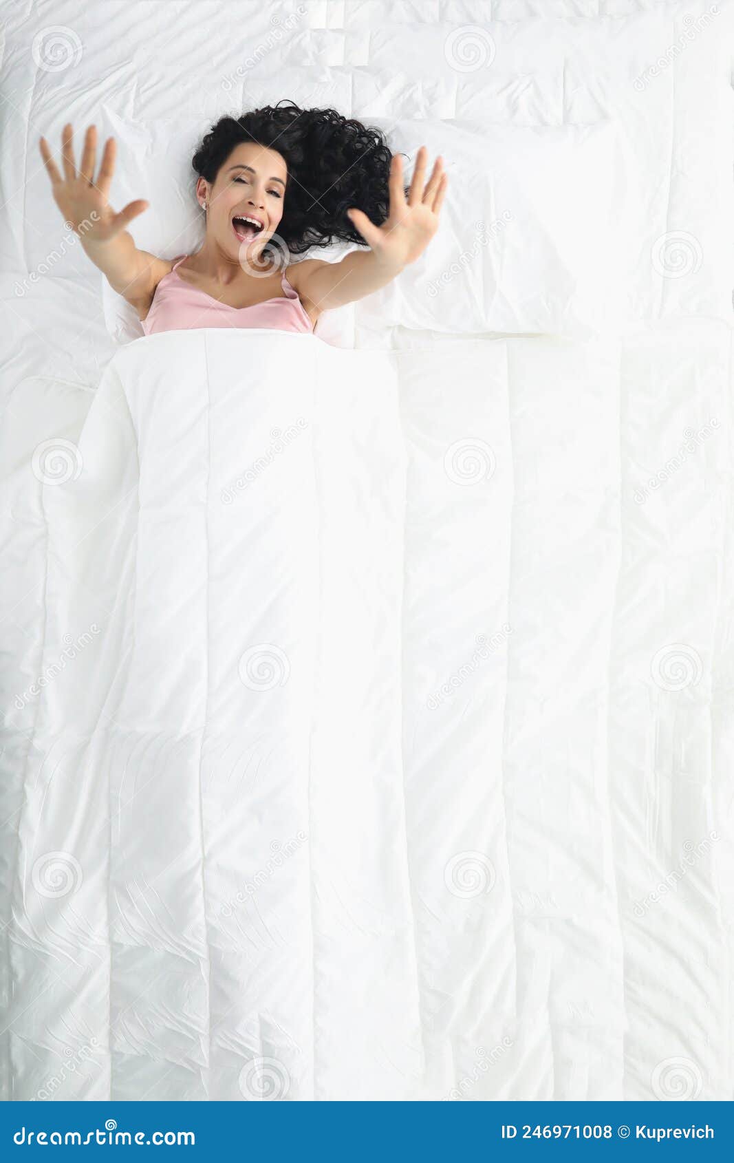 Pretty Woman Laying On White Bedding Wake Up Well Rested In Morning