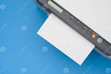 Top View of Printer and Blank A4 Paper on Blue Background.Multifunction ...