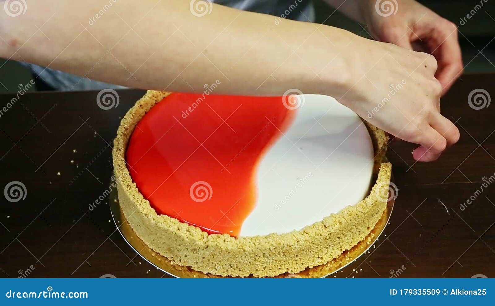 Top View on Process of Decorating Round Glazed Cheesecake by Shortbread ...