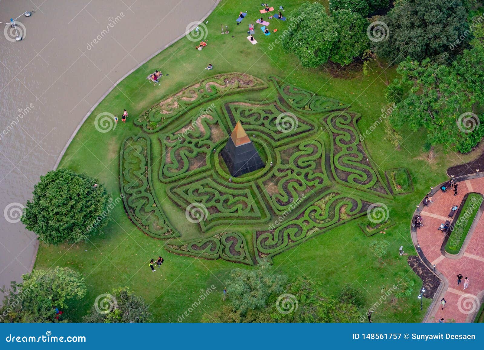 Top View Of Public Park During Summer In Sunlight With Wooden Bench And ...