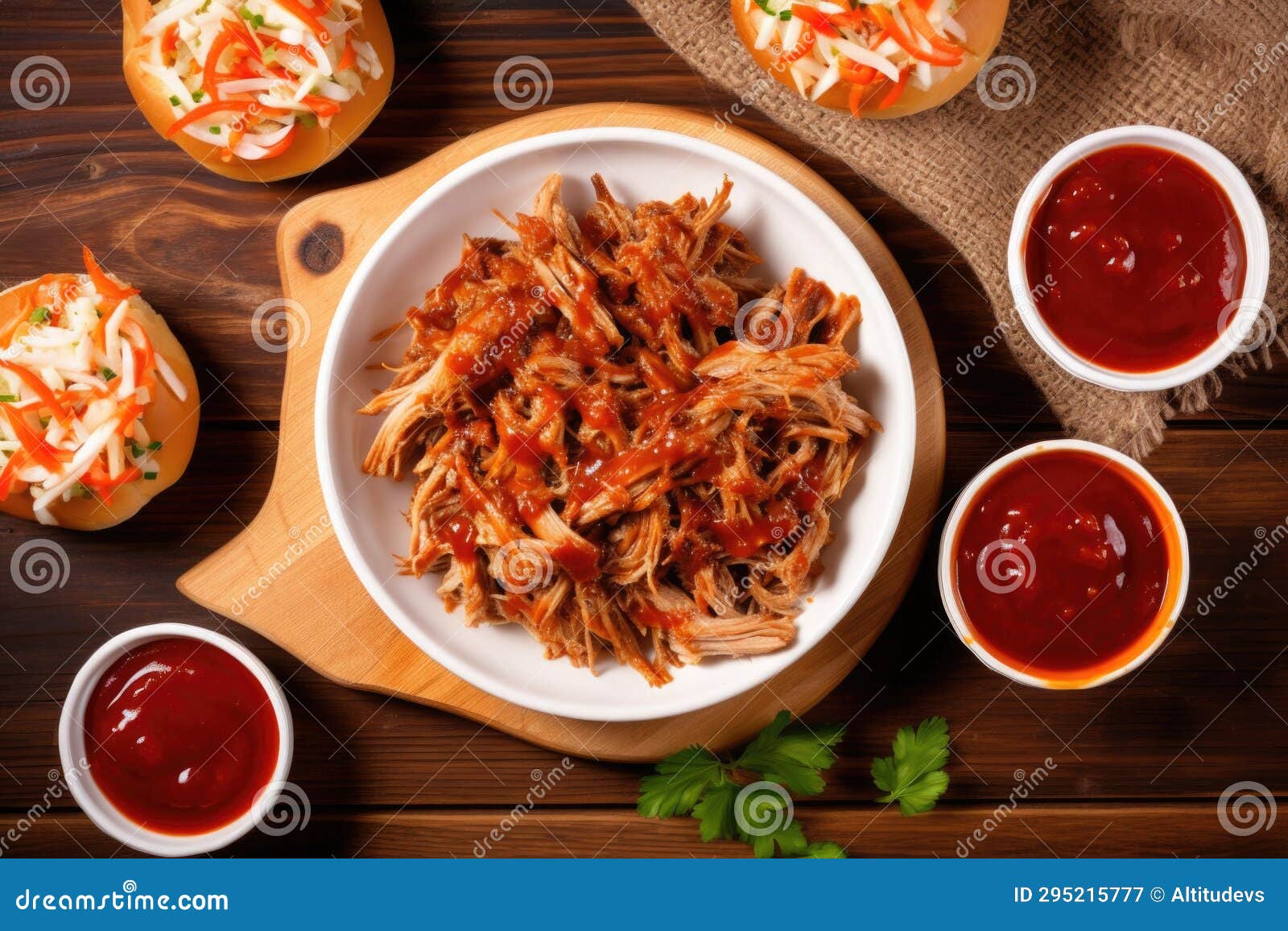 Top View of Pulled Pork on a Bun, Sauce on Side Stock Image - Image of ...