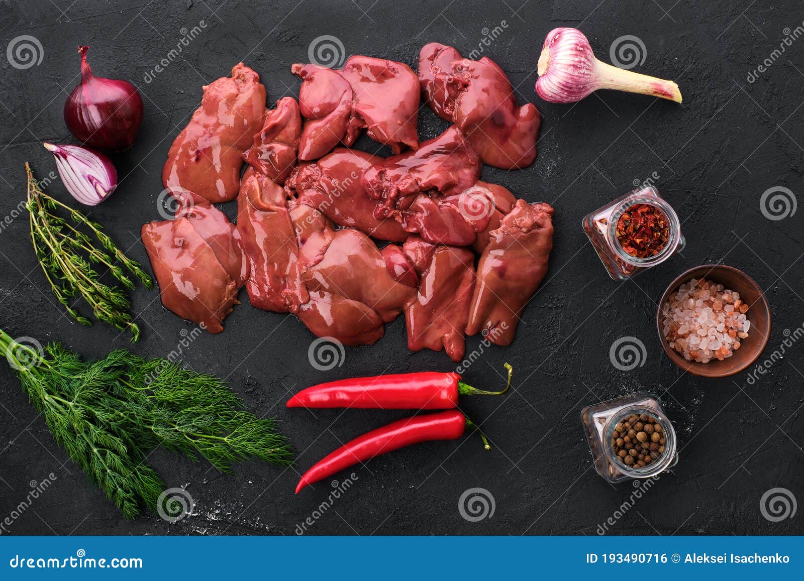 Top View of Raw Duck Liver with Spice on Black Background Stock Photo ...