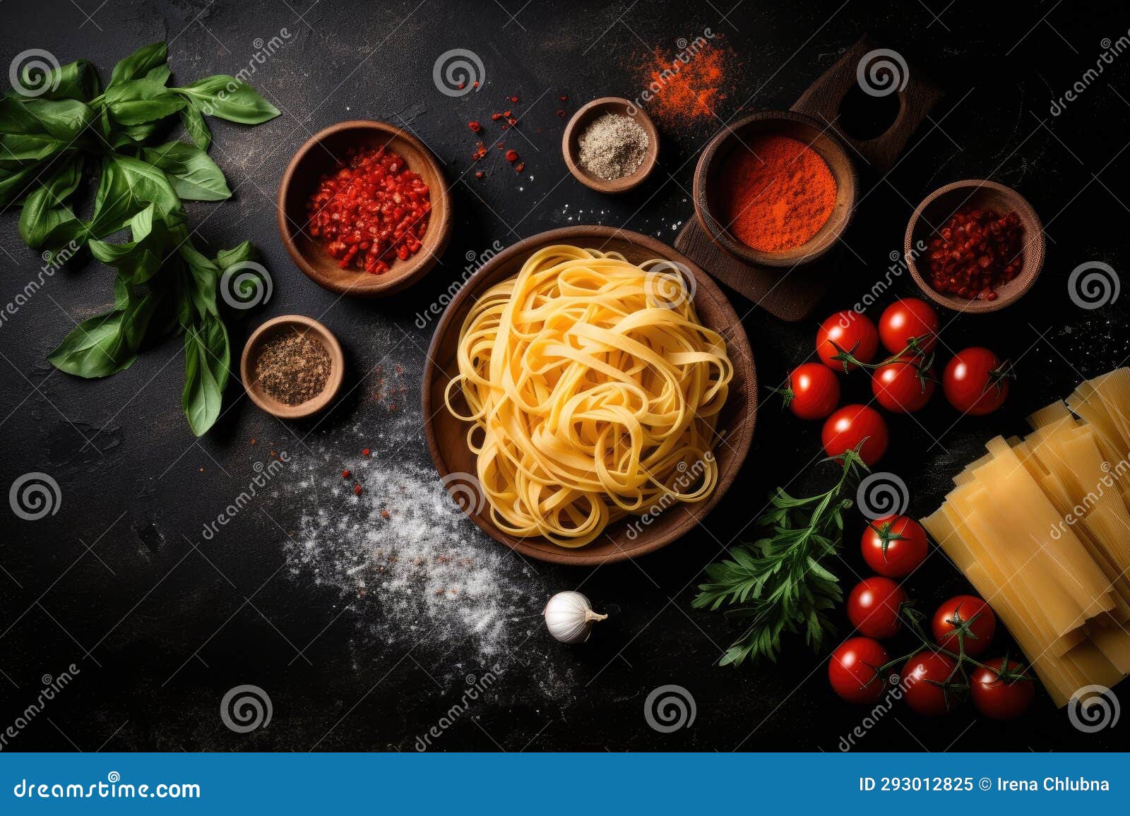 Top View on Raw Homemade Pasta with Tomatoes Stock Illustration ...