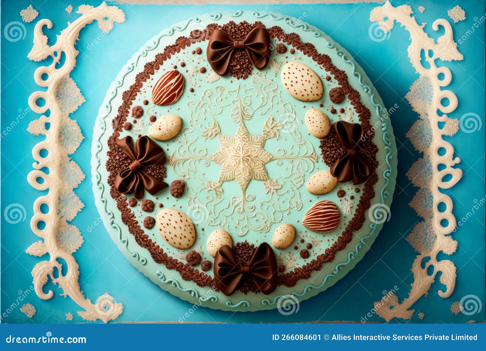 Top View Of Realistic Cake With Beautiful Icing Blue Background. 3D ...