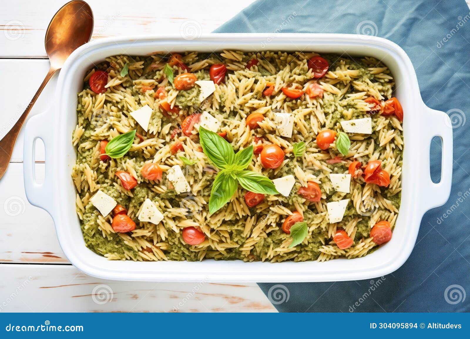 Top View of a Rectangular Dish with Spelt Pasta with Pesto, Ready for ...