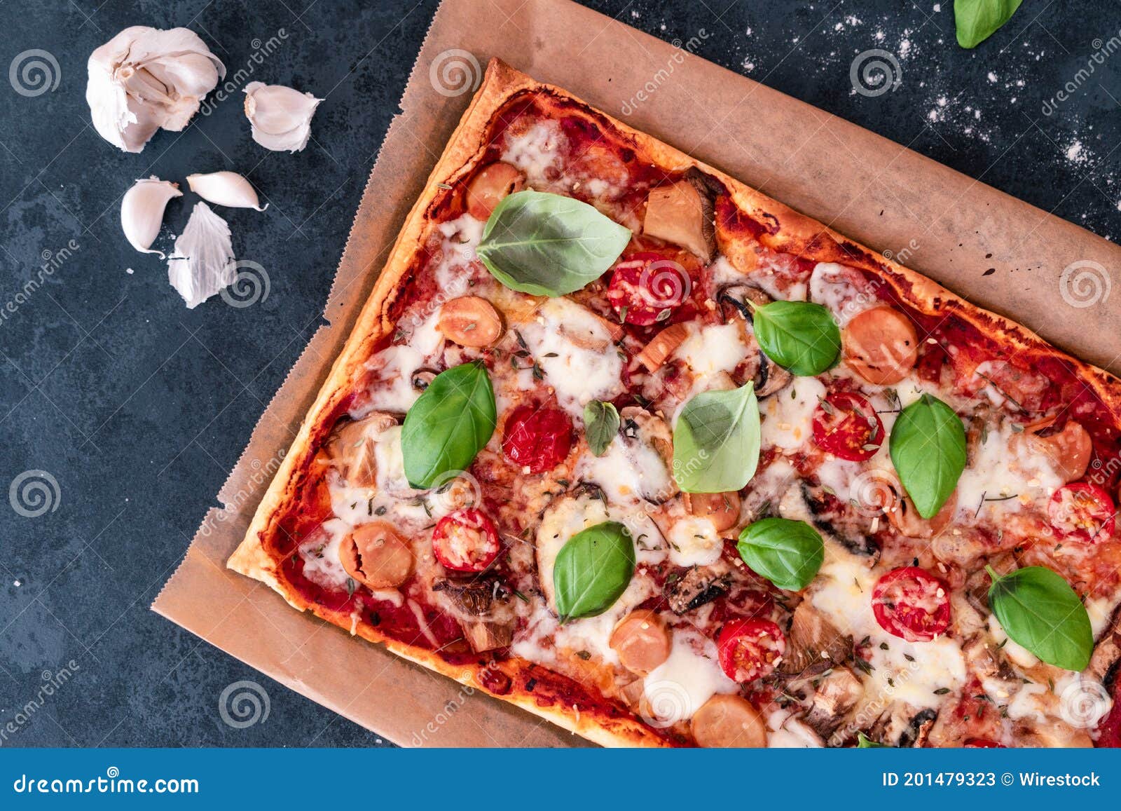 Top View of a Rectangular Pizza with Tomatoes and Basil Stock Image ...