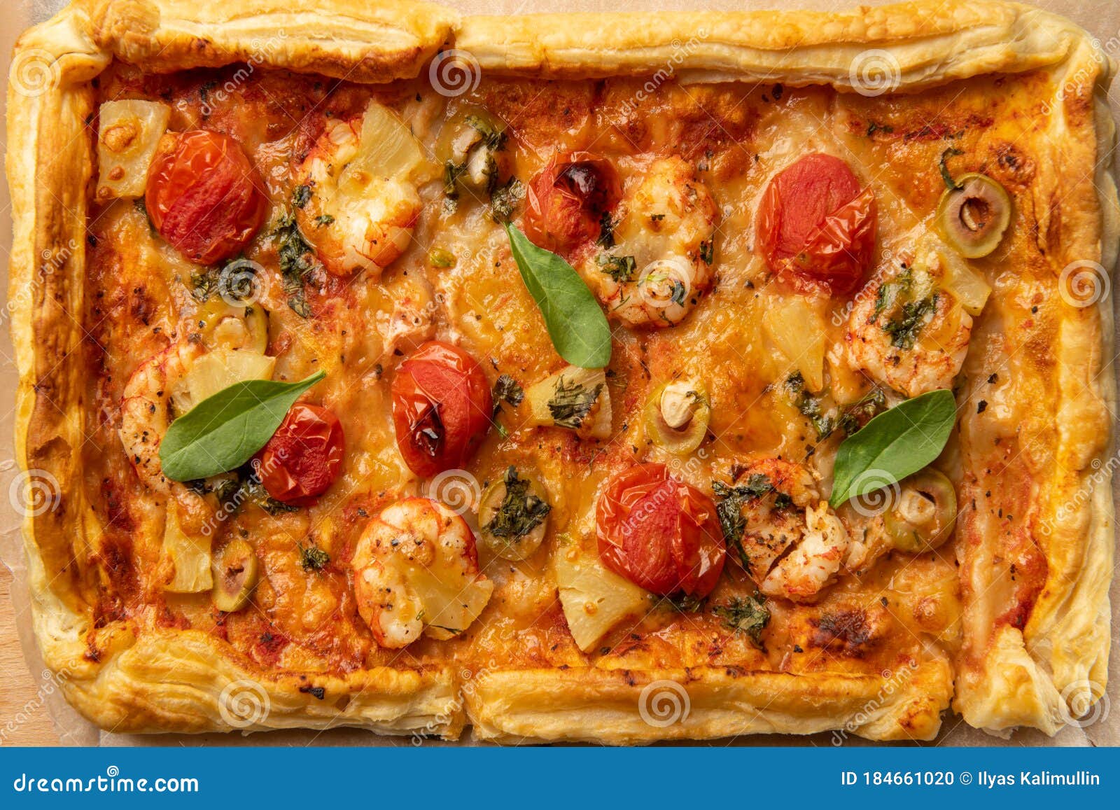 Top View of Rectangular Pizza with Tomatoes and Shrimps Stock Photo ...