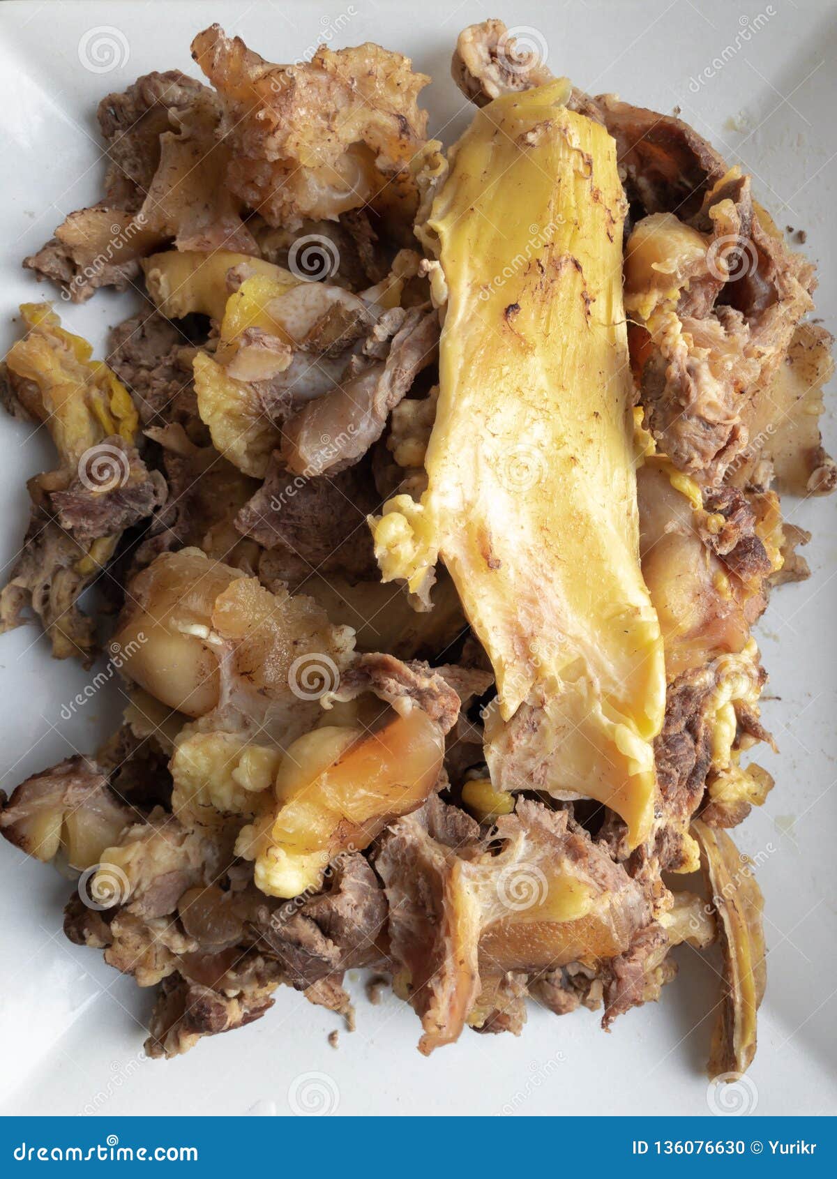 Top View on a Rectangular Plate Full of Cooked Beef Bones and Tendons ...
