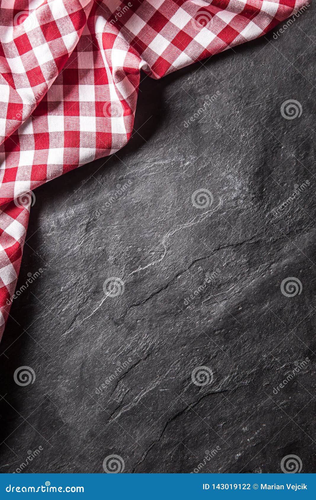 Top of View Red Checkered Tablecloth on Black Slate Board Stock Photo ...