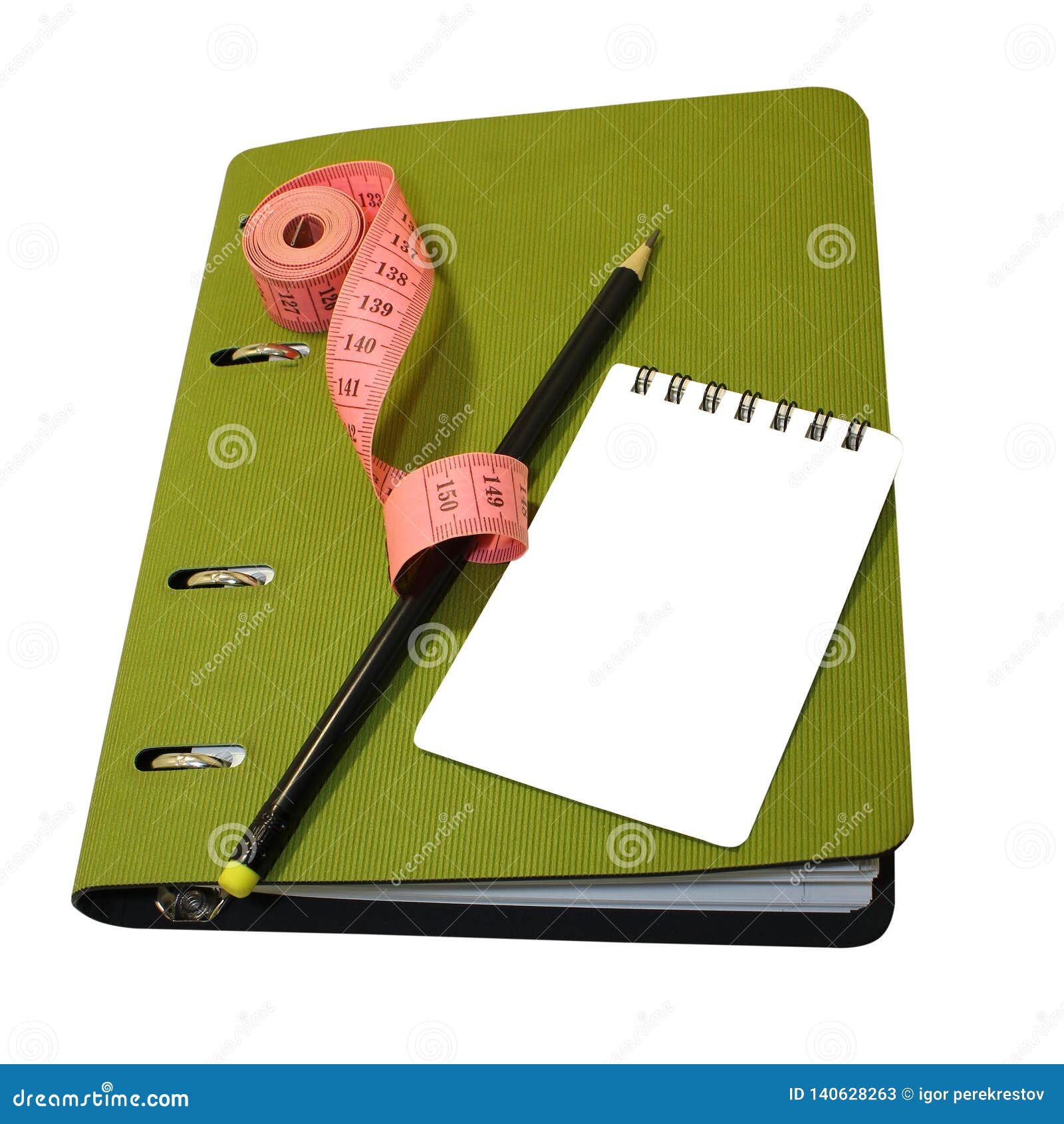 Top View, Red Measuring Tape with Notepad and Pencil on Isolated White ...