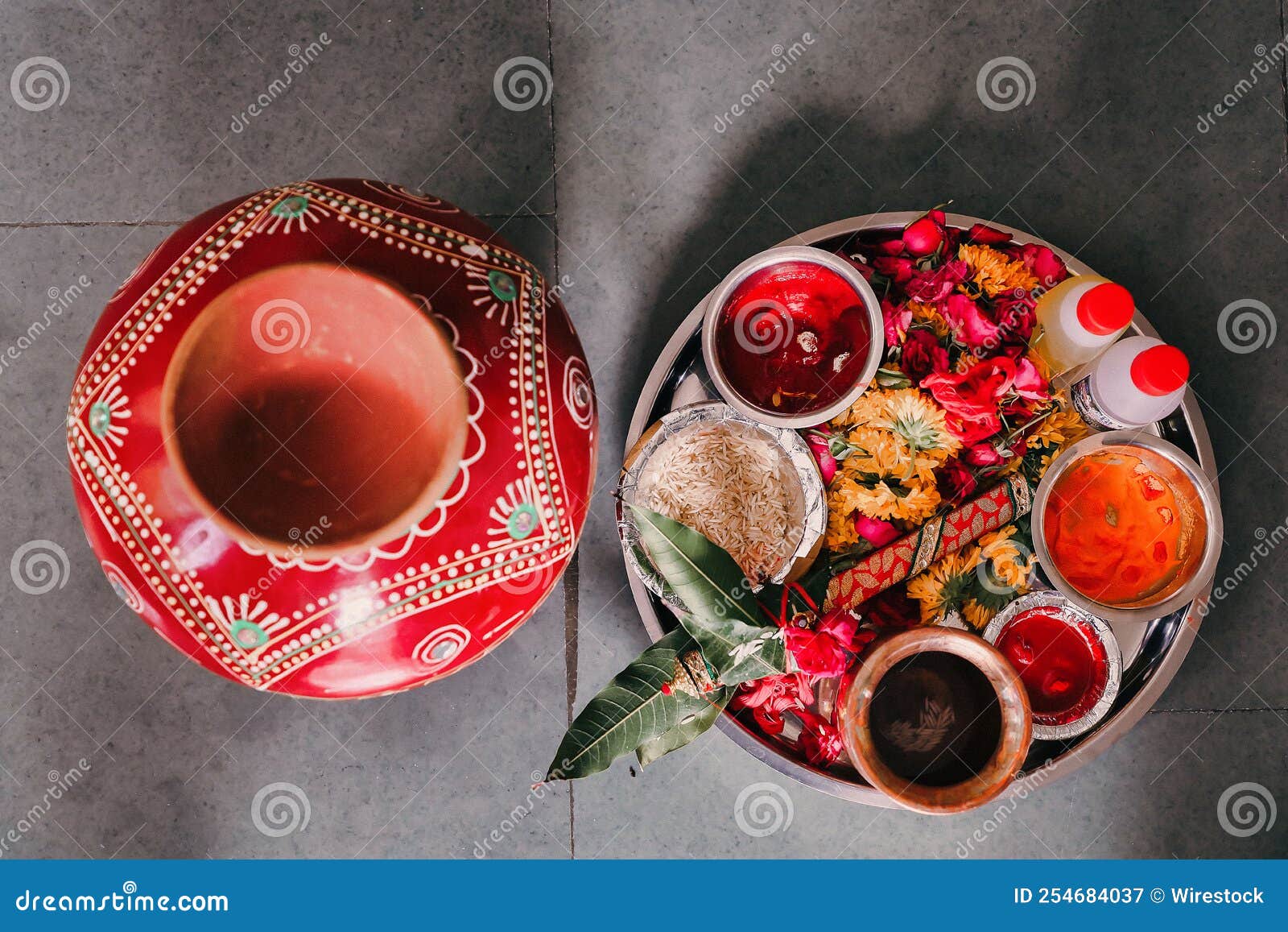 Top View of a Red Pitcher and Other Ritual Items for an Indian Hindu ...