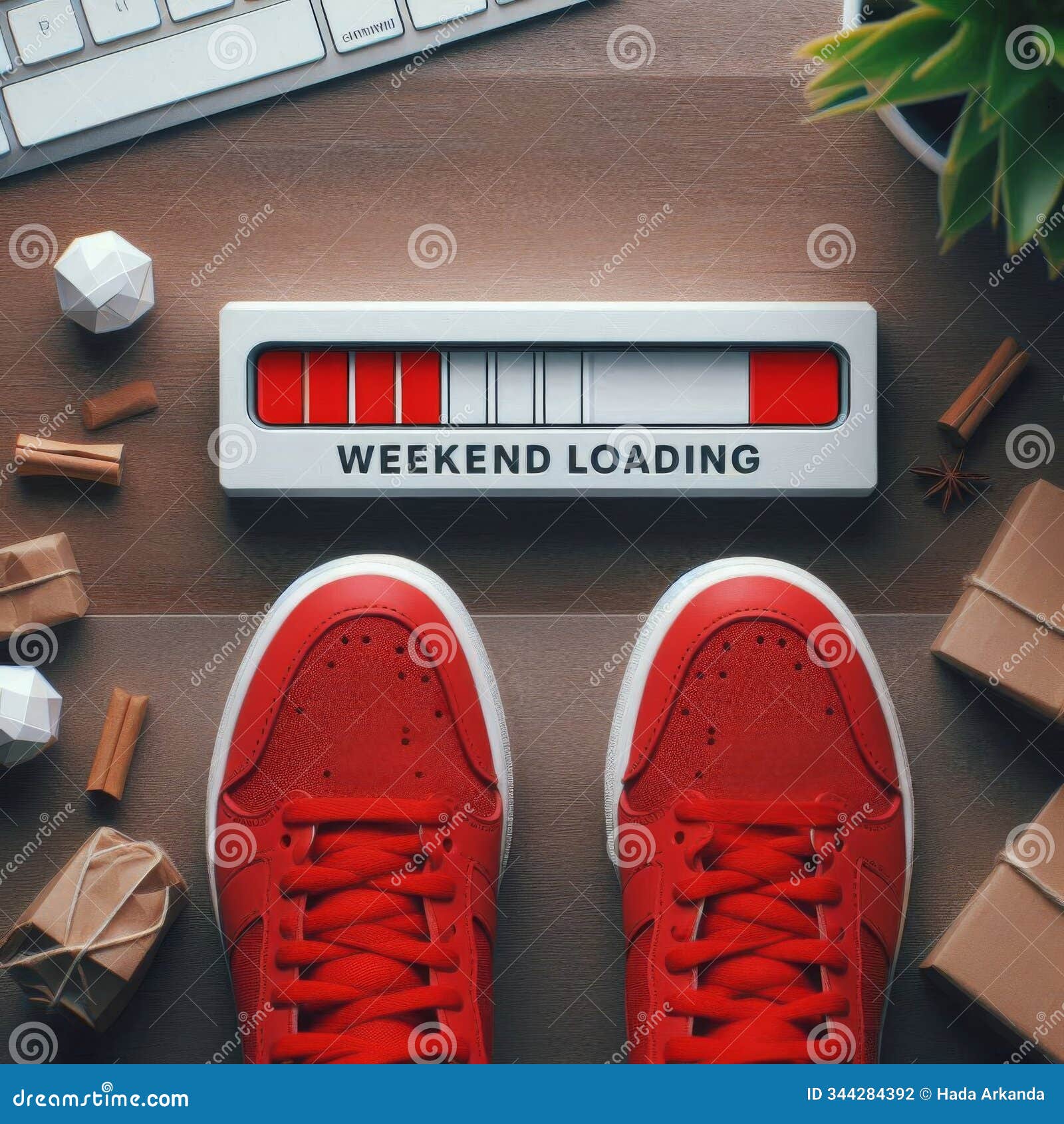 Top View of Red Sneakers by "Weekend Loading" Progress Bar, Symbolizing ...