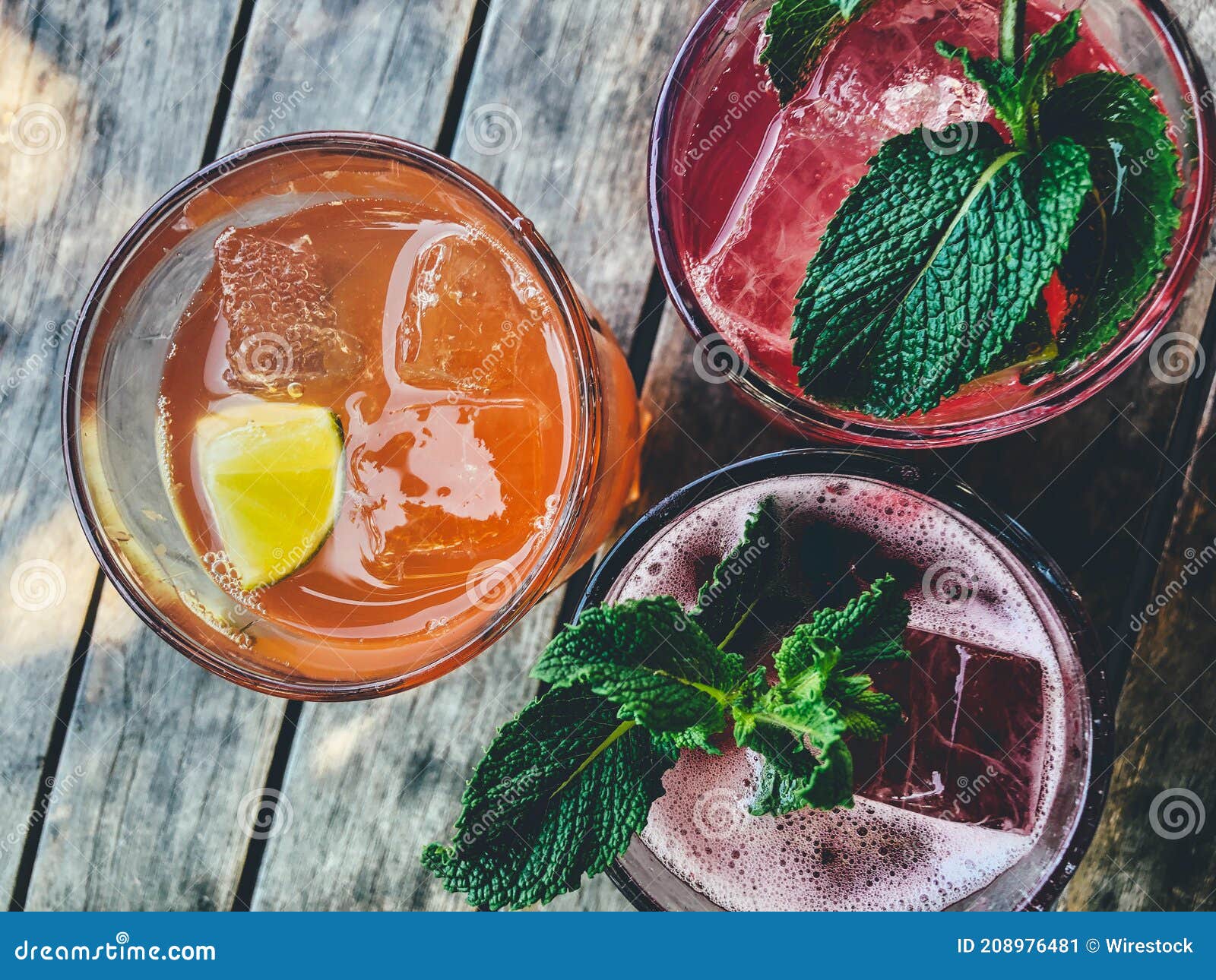 Top View of Refreshing Drinks with Ice on a Wooden Table Stock Image ...