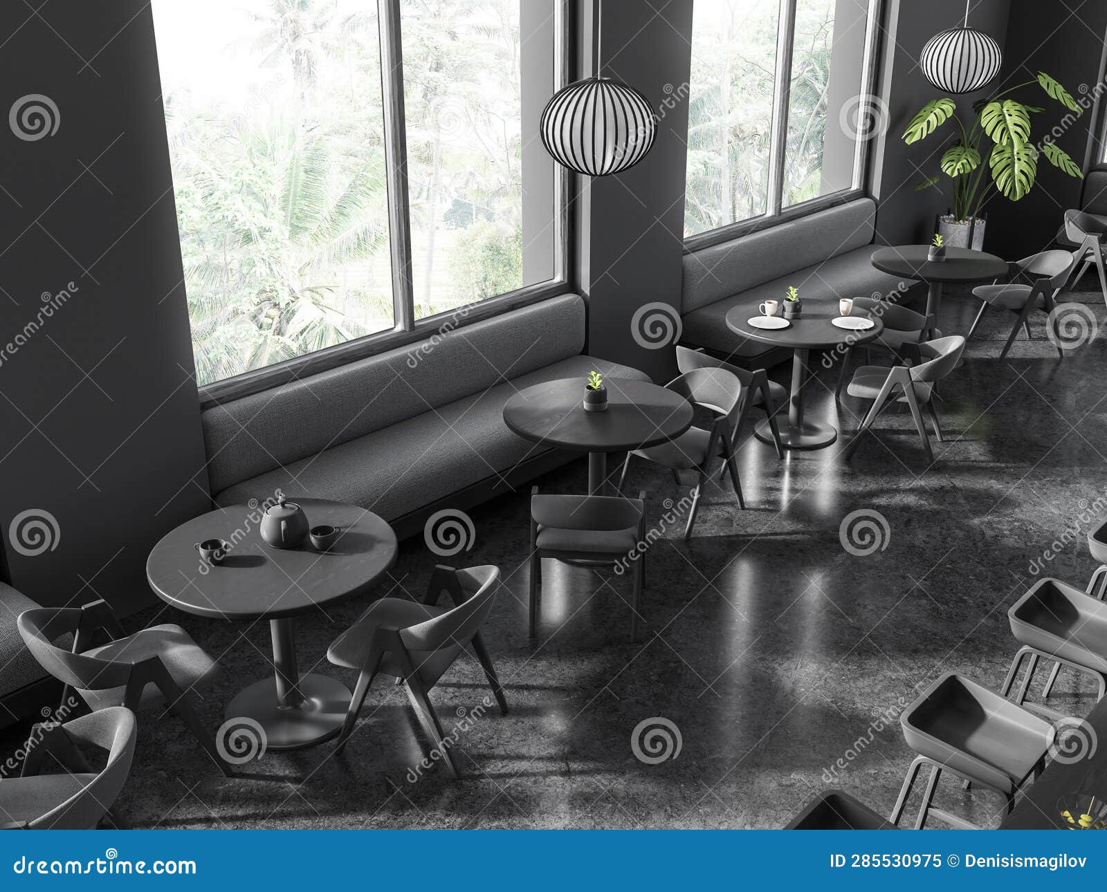 Top View of Restaurant Interior with Table in Row, Dining Space with ...