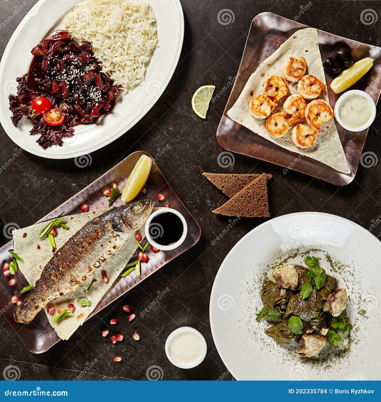 Top View of Restaurant Seafood Dish Stock Photo - Image of vegetable ...