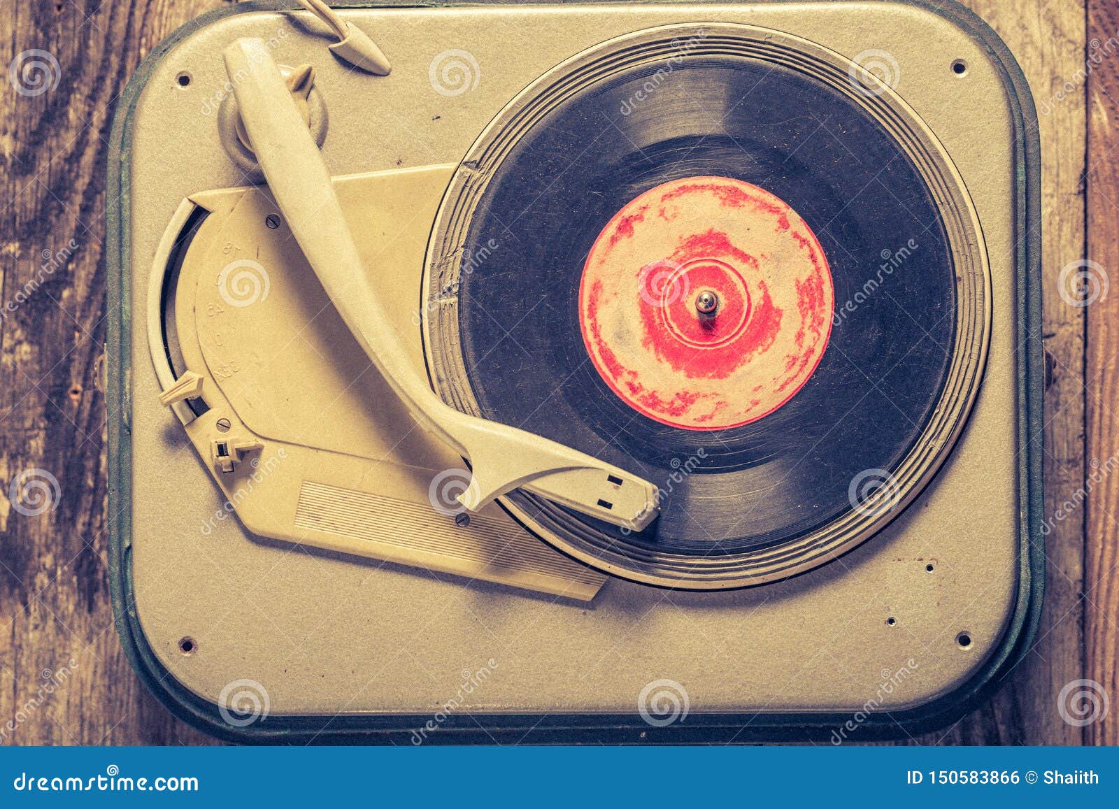 Top View of Retro Gramophone and Old Vinyls with Scratched Stock Photo ...