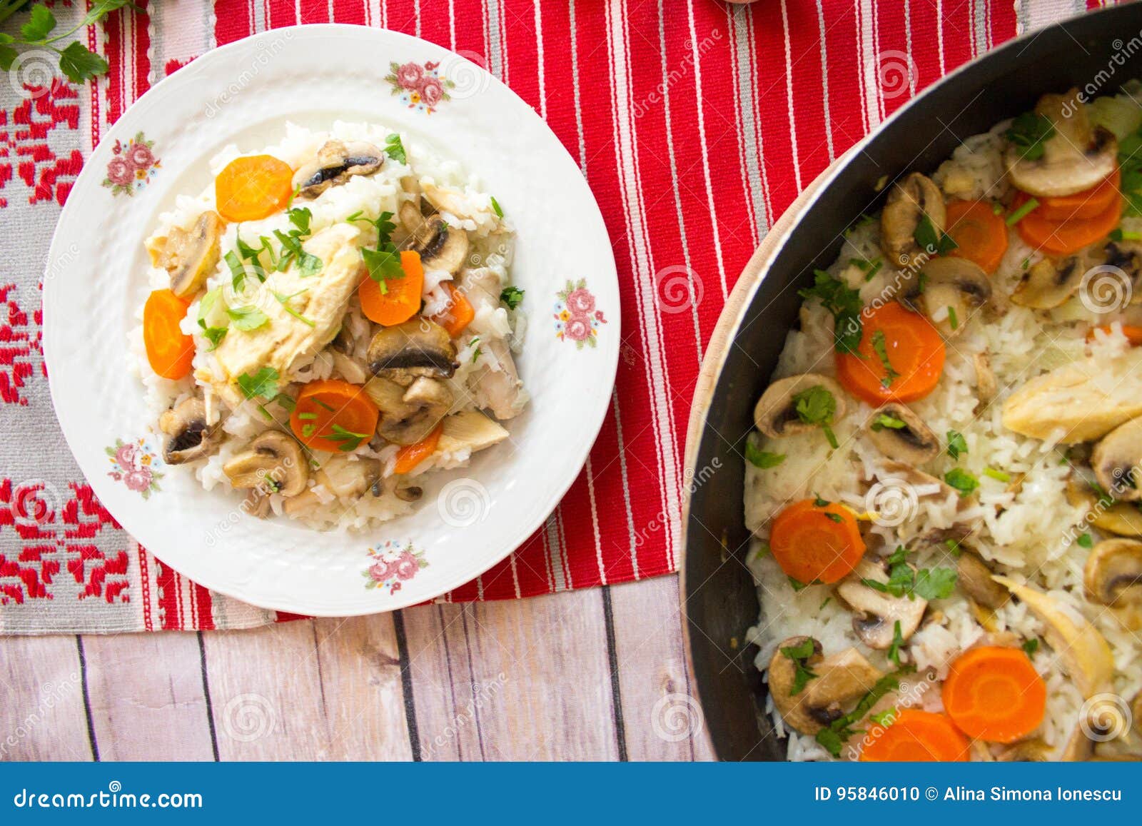 Top View of Rice with Chicken and Vegetables on Plate and in Skillet ...