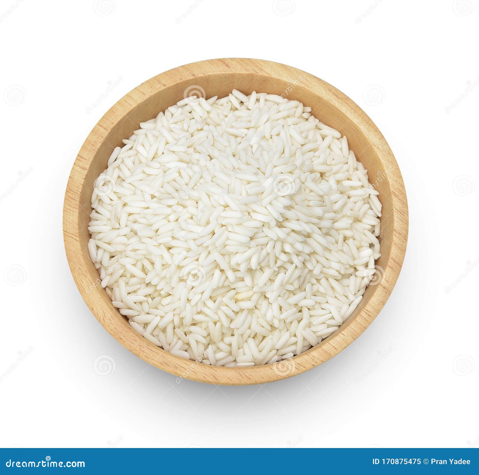 Top View of Rice in Wooden Bowl Isolated on White Background Stock ...