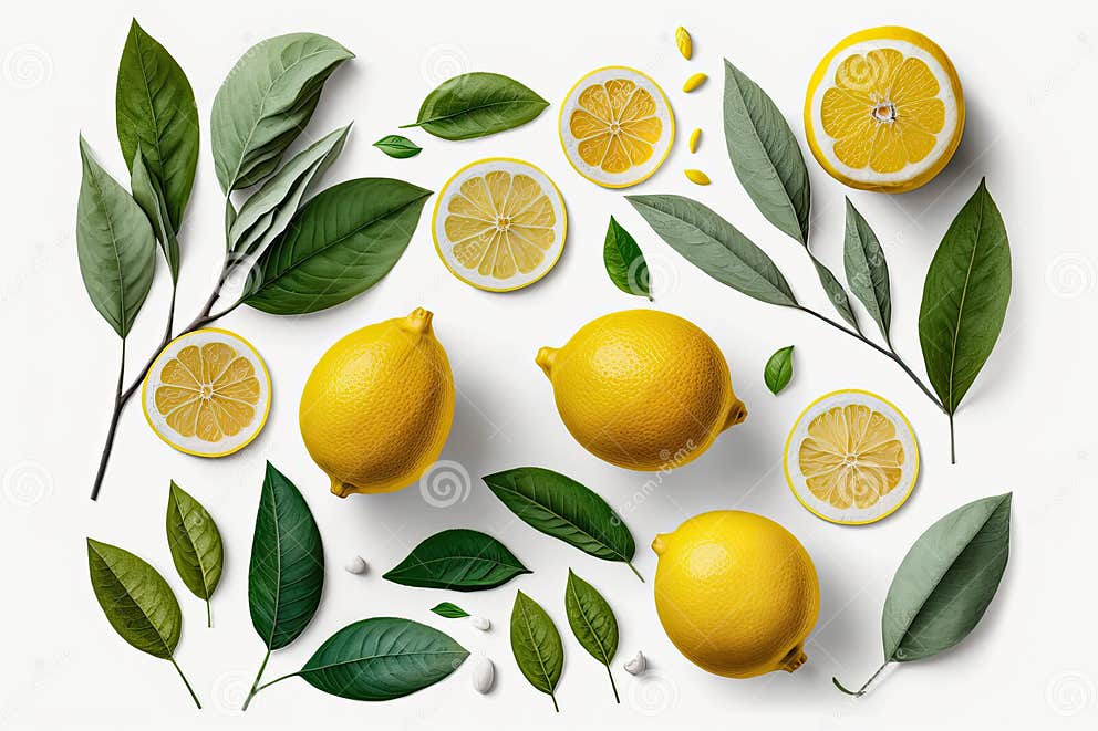 Top View of Ripe Lemons and Their Leaves on a White Background Stock ...
