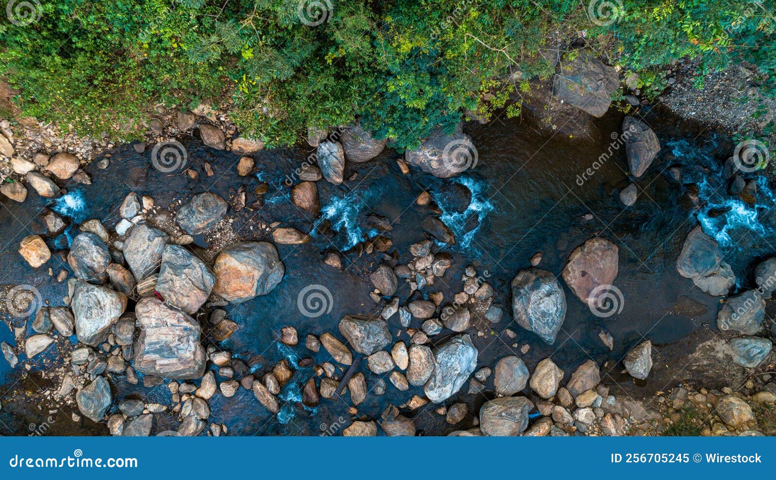 Top View of a River with Big Stones and Rocks Surrounded by Trees on ...
