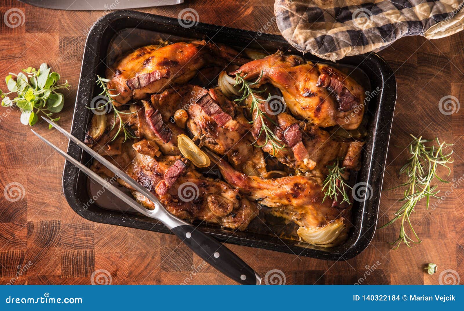Top of View Roasted Rabbit with Onion Garlic Bacon and Herbs Stock ...