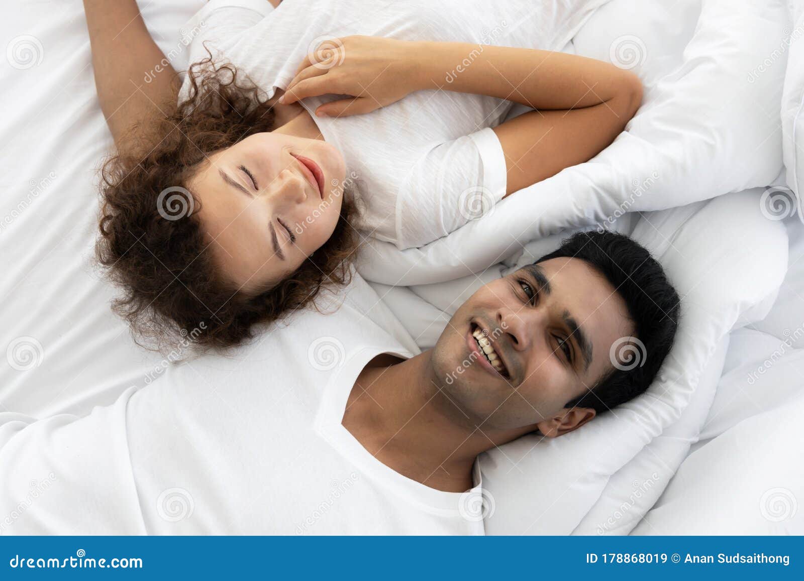 Top View of Romance Couple Lying on the Bed in Bedroom Stock Image ...
