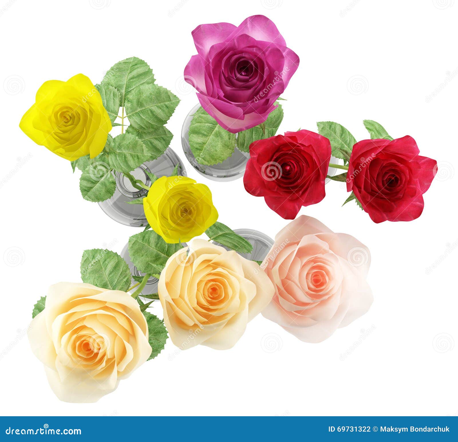 Top View Of Roses In Glass Vases Isolated On White Stock Photo ...