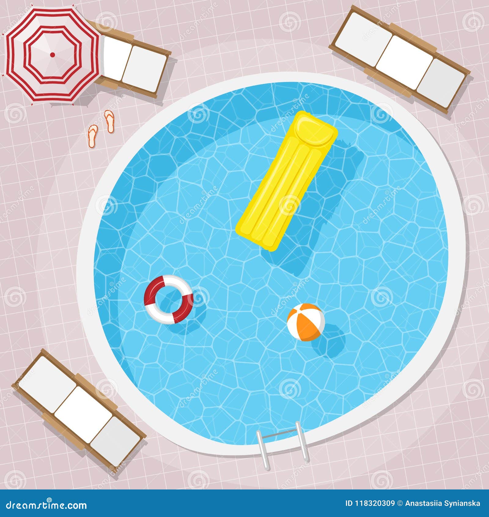 Top View of a Round Pool, Surrounded by Sun Loungers. Vacation Stock ...