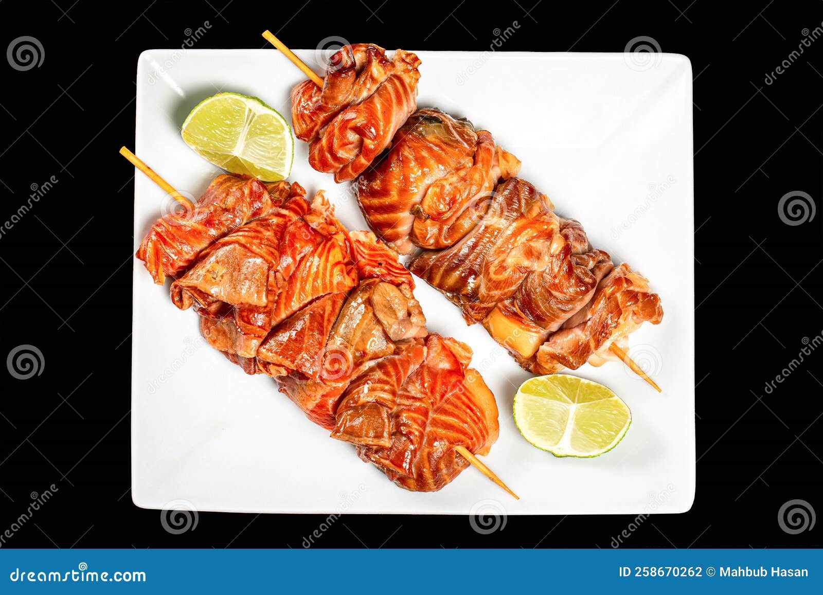 Top View, Salmon Kebabs on White Plate, Black Background Stock Photo ...