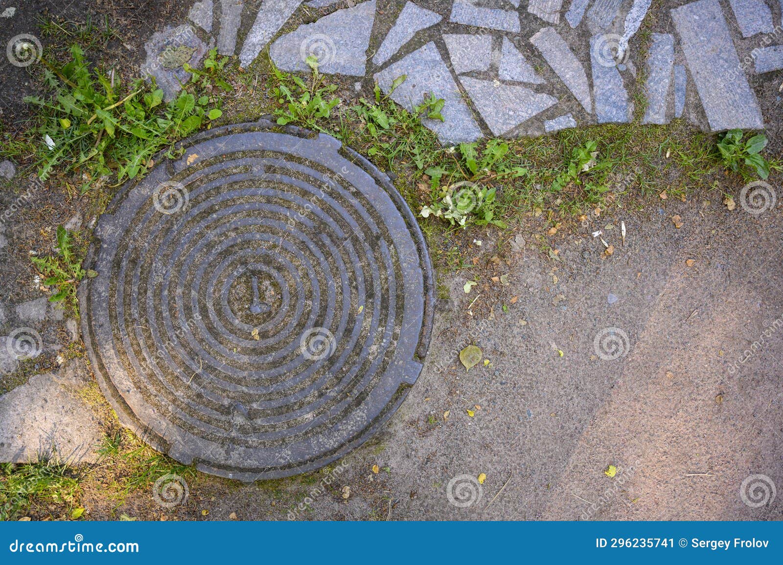 Top View of Sand, Grass, Paved Path and Manhole in the Rays of the ...