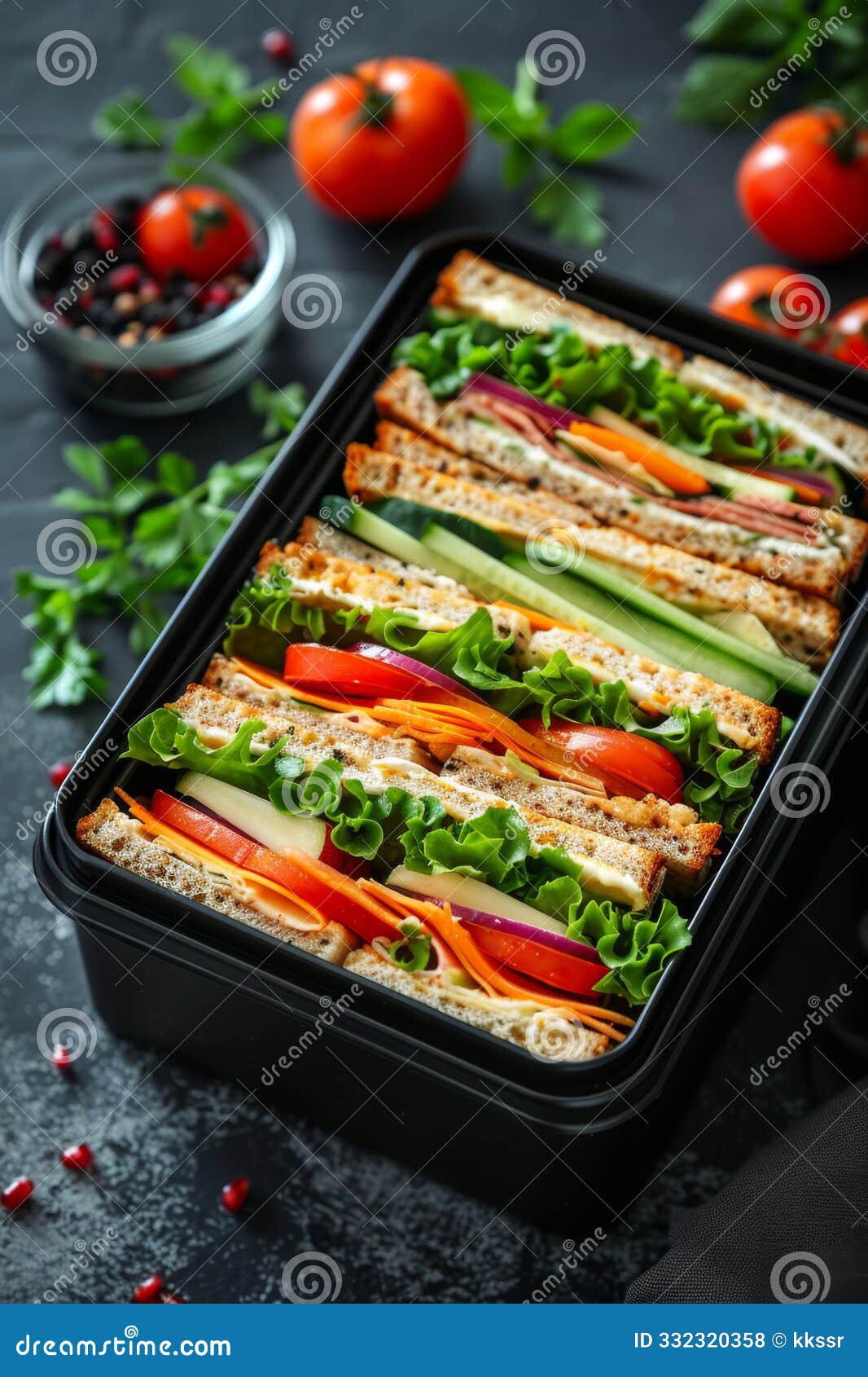 Top View of Sandwich and Vegetables in Lunch Box on White Background ...