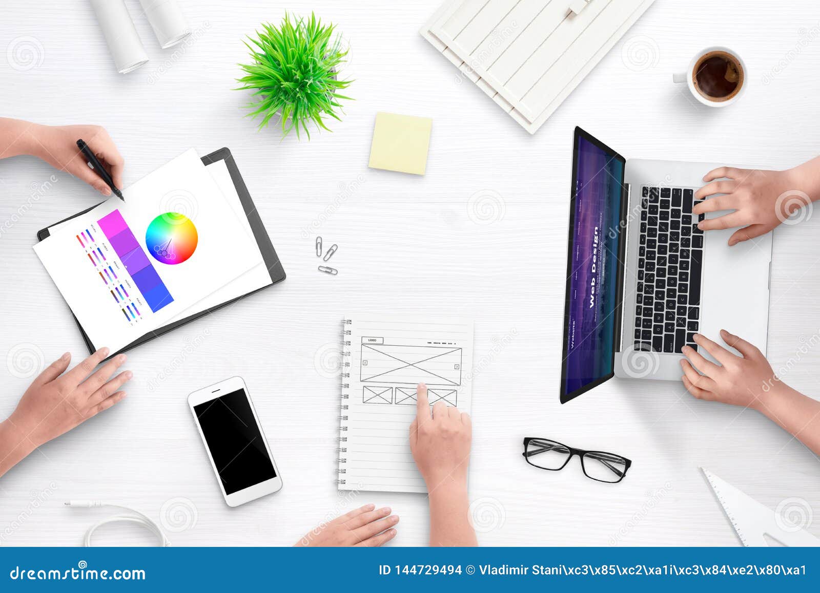 Top View Scene of Web Design Team Work Desk. Laptop Computer with Flat ...